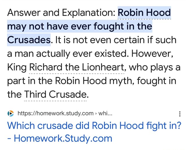 Answer and Explanation: Robin Hood may not have ever fought in the ...